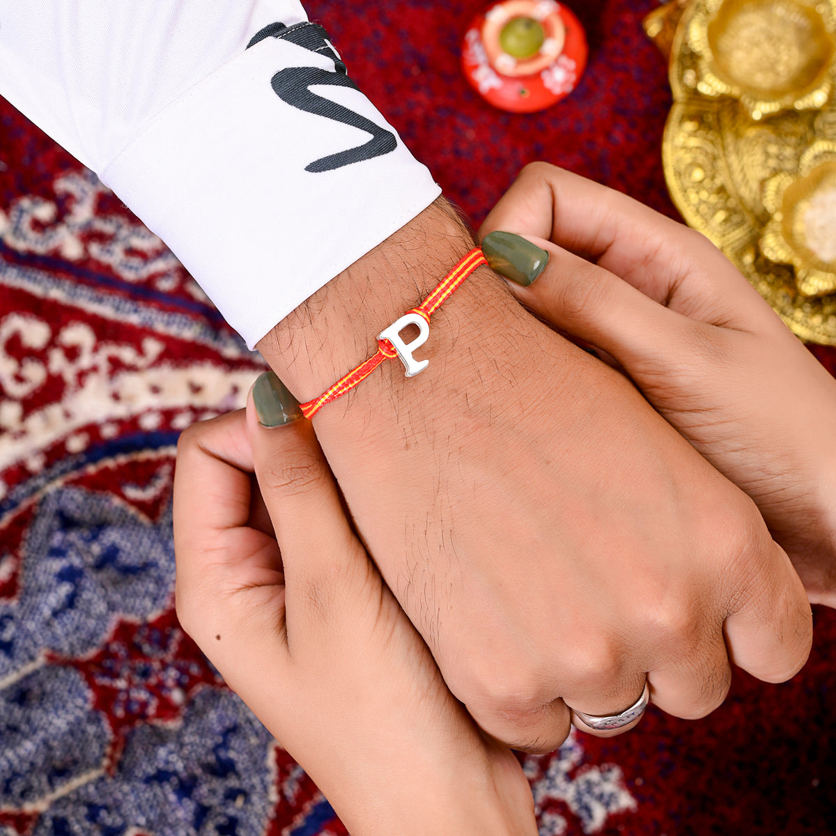 Pure Silver Rakhi for Brother. Silver Initials Letter P Rakhi for Boys