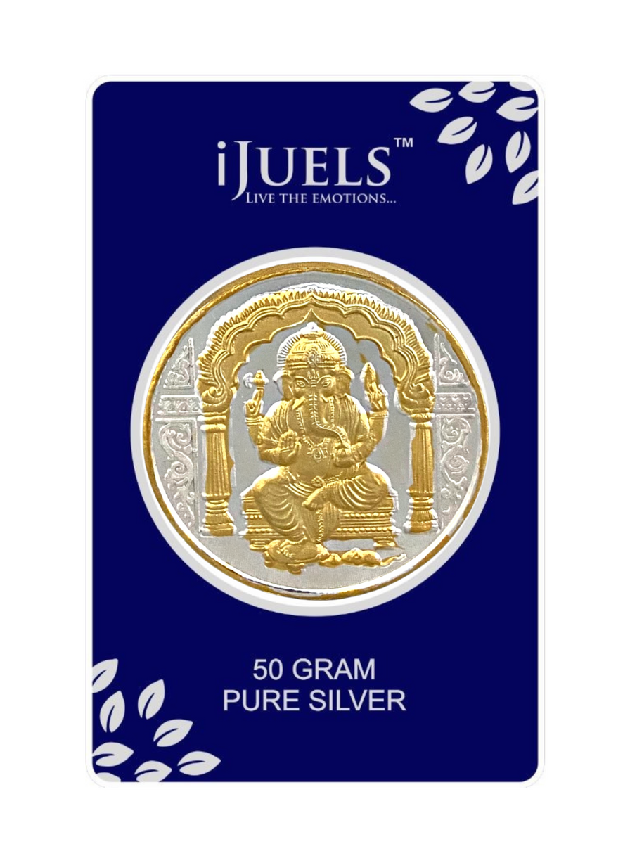 50 Grams 999 pure silver 50 gm Ganesh silver coin with 22 Kt Gold. Gol ...